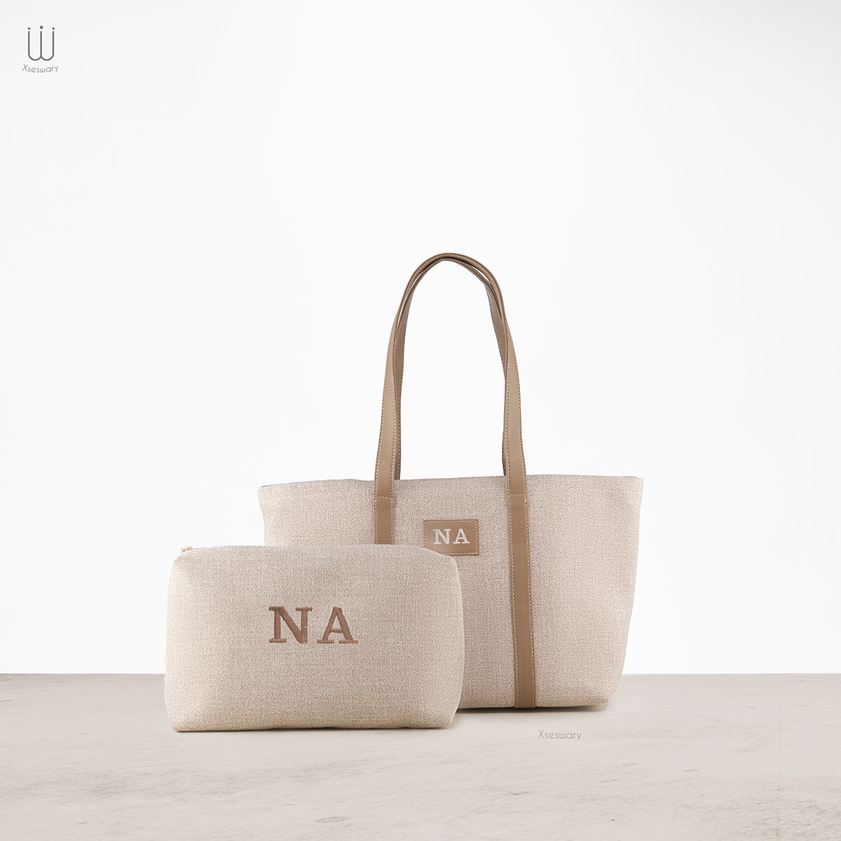 Book Canvas Tote Bag with small Pouch Biege embroidery – XSESWARY